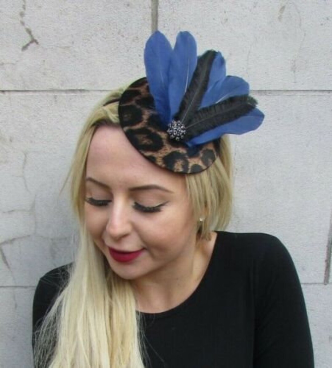 Navy Blue Black Leopard Animal Print Feather Pillbox Hat Fascinator ...