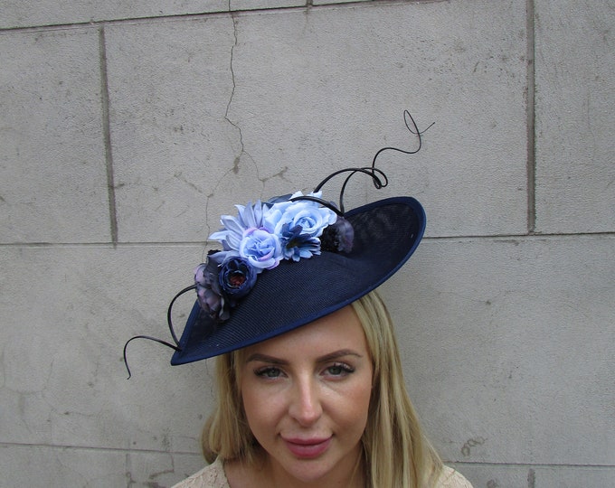 New Large Navy Blue Light Cornflower Blue Rose Flower Fascinator Hat ...
