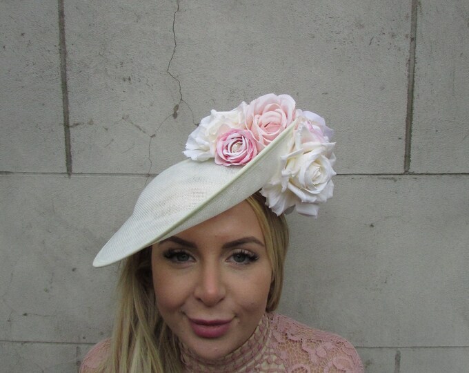 Large Cream Blush Pink Light Peach Rose Flower Fascinator Disc Hat ...