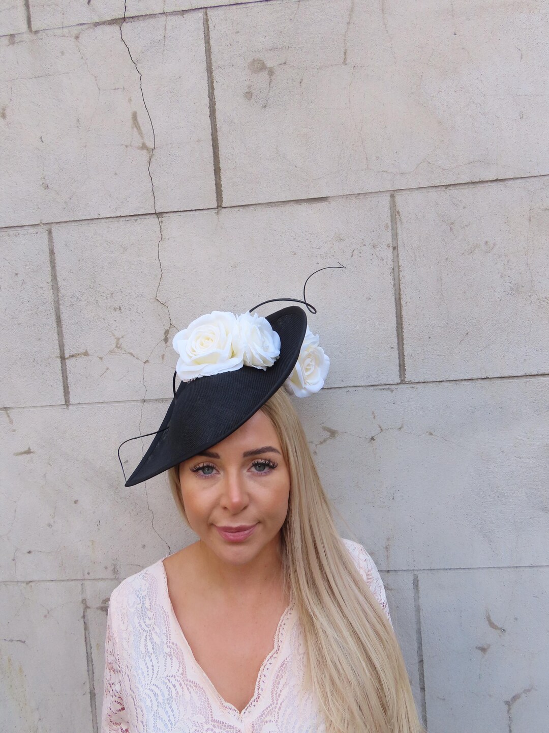 Dramatic Black & Cream Rose Flower Feather Fascinator Hat Big Teardrop ...