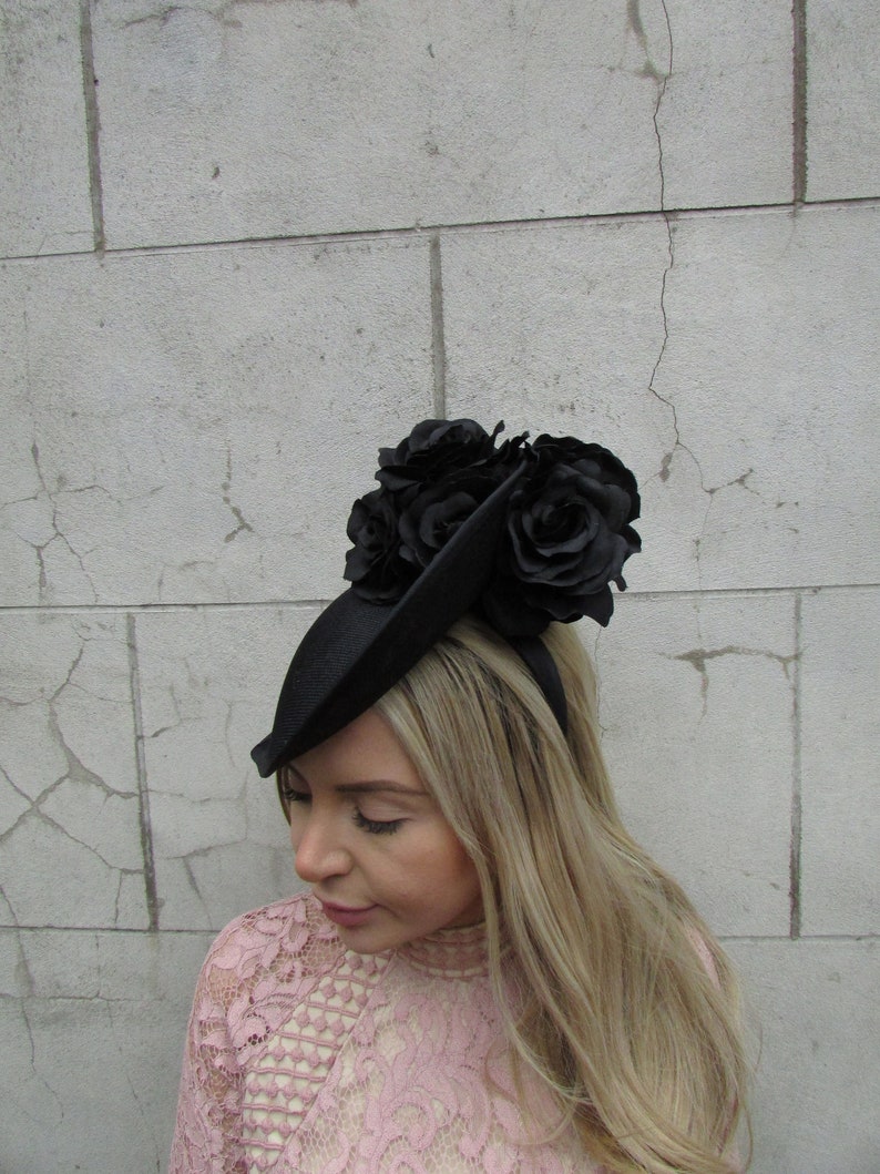 New Dramatic Black Rose Flower Feather Fascinator Hat Big - Etsy
