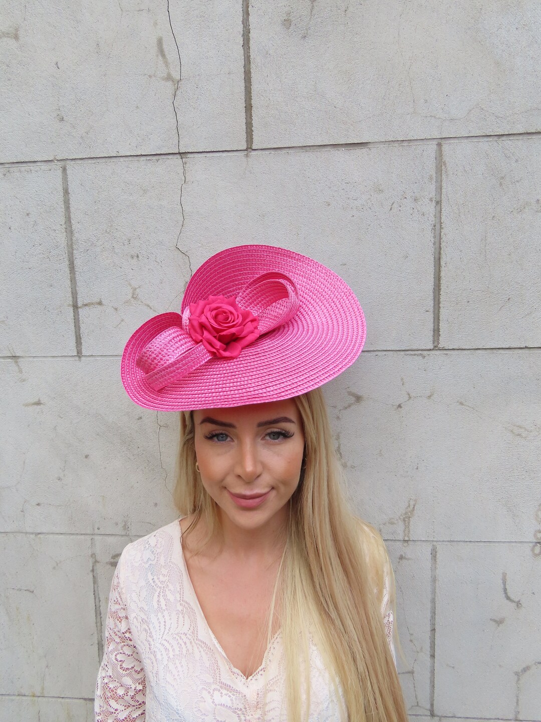 One off Piece Large Hot Pink Rose Flower Straw Style Hat Fascinator ...