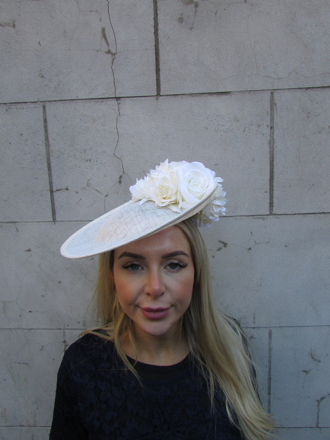 Large Ivory Cream Sinamay Rose Flower Floral Disc Saucer Feather Hat ...