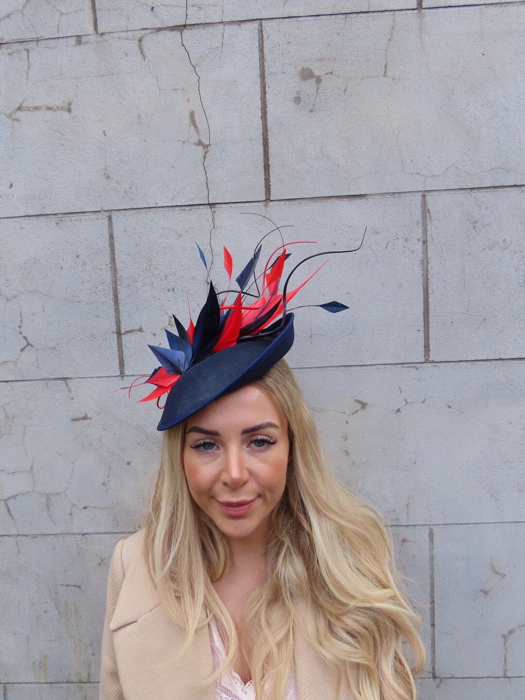 Navy Blue & Red Statement Feather Fascinator Disc Saucer Hat Wedding ...
