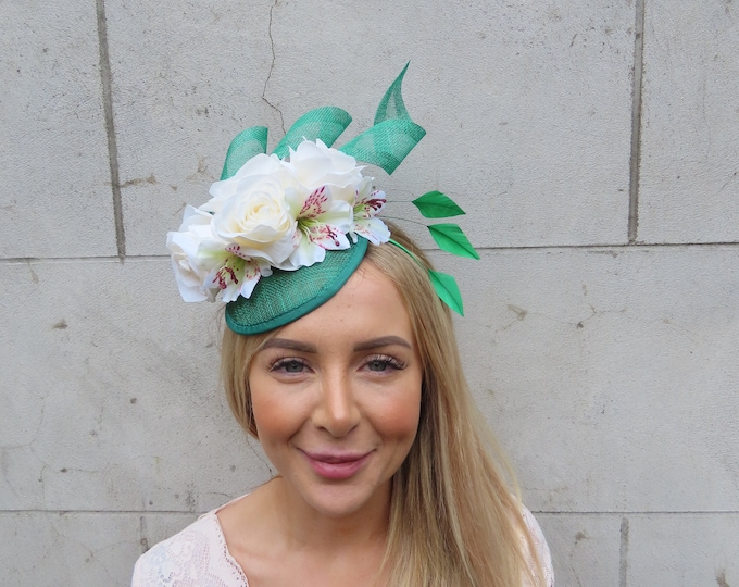 Emerald Green & Ivory Cream Rose Lily Flower Feather Hat Fascinator ...
