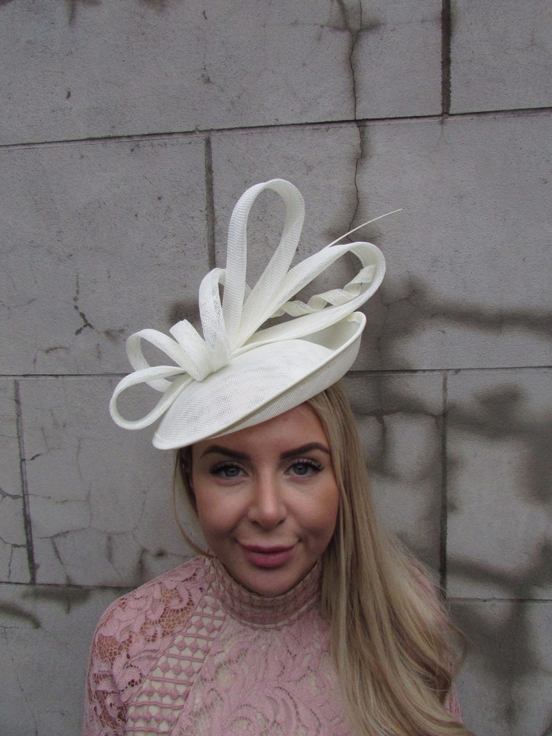 Large Cream Feather Fascinator Disc Hat Saucer Big Races - Etsy