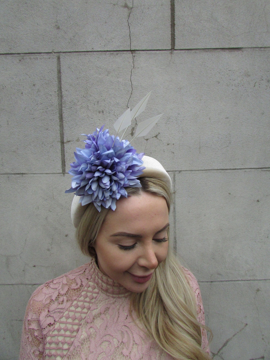 Cream & Cornflower Lilac Blue Flower Velvet Padded Headband Headpiece ...