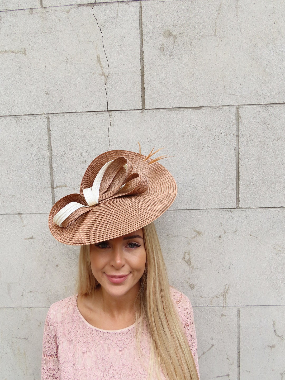 One off Piece Large Cream & Tan Feather Straw Style Hat Fascinator ...