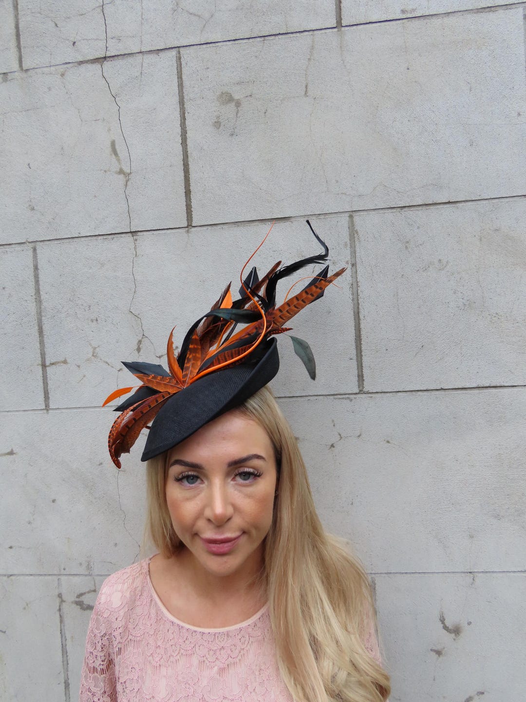Black & Burnt Orange Pheasant Feather Fascinator Hat Disc Saucer Races ...