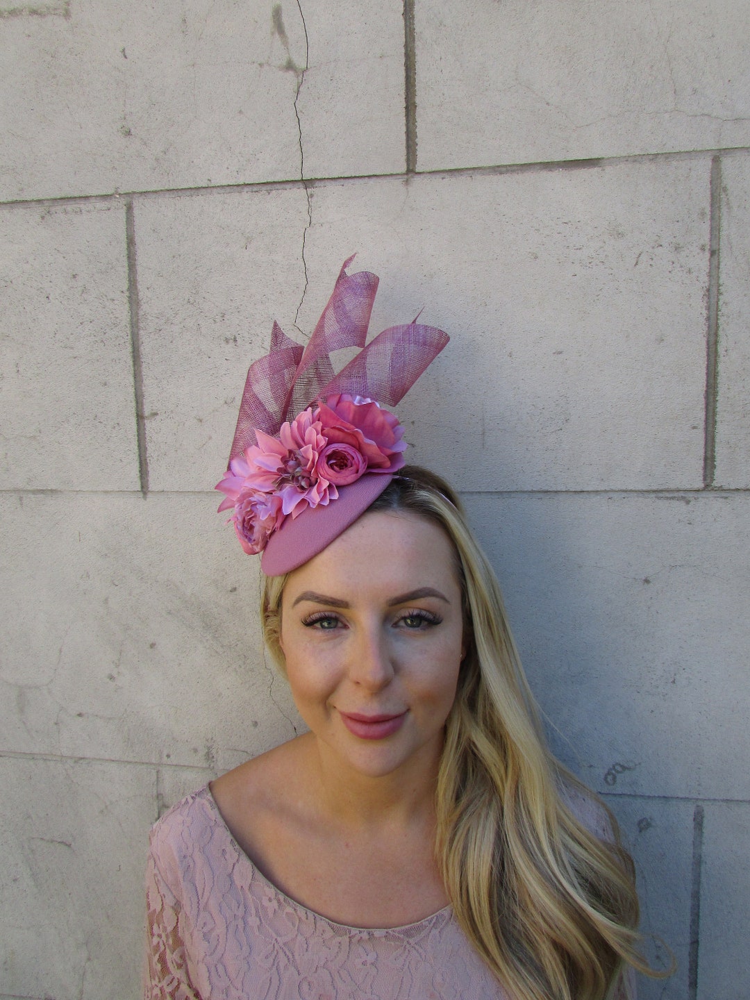 New Mauve Dark Dusky Pink Dewberry Rose Flower Feather Hat Fascinator ...