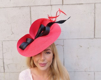 One off Piece Large Burgundy Flower & Feather Hat Fascinator Wedding ...
