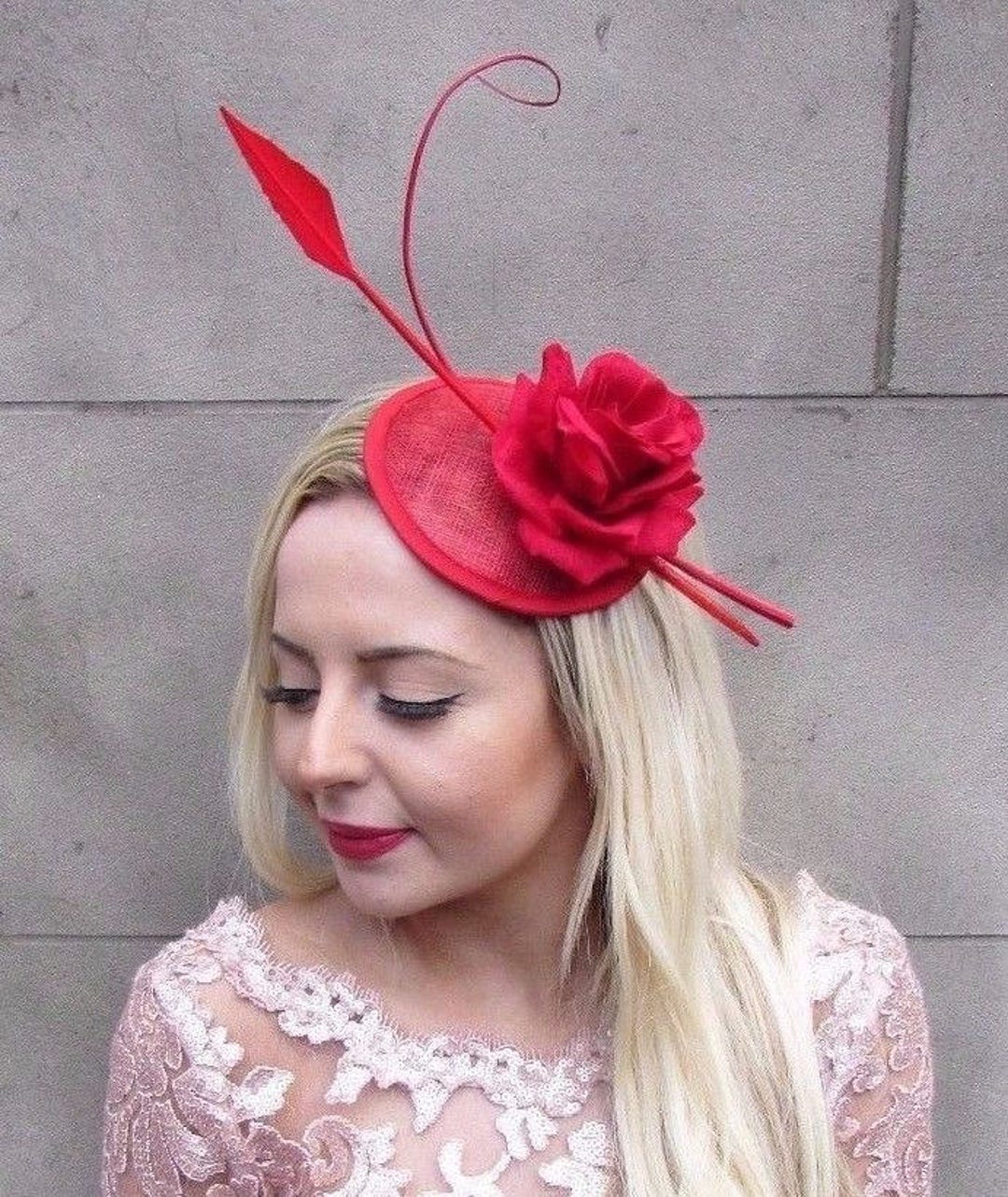 Red Sinamay Rose Feather Pillbox Hat Fascinator Formal Races Hair Clip ...
