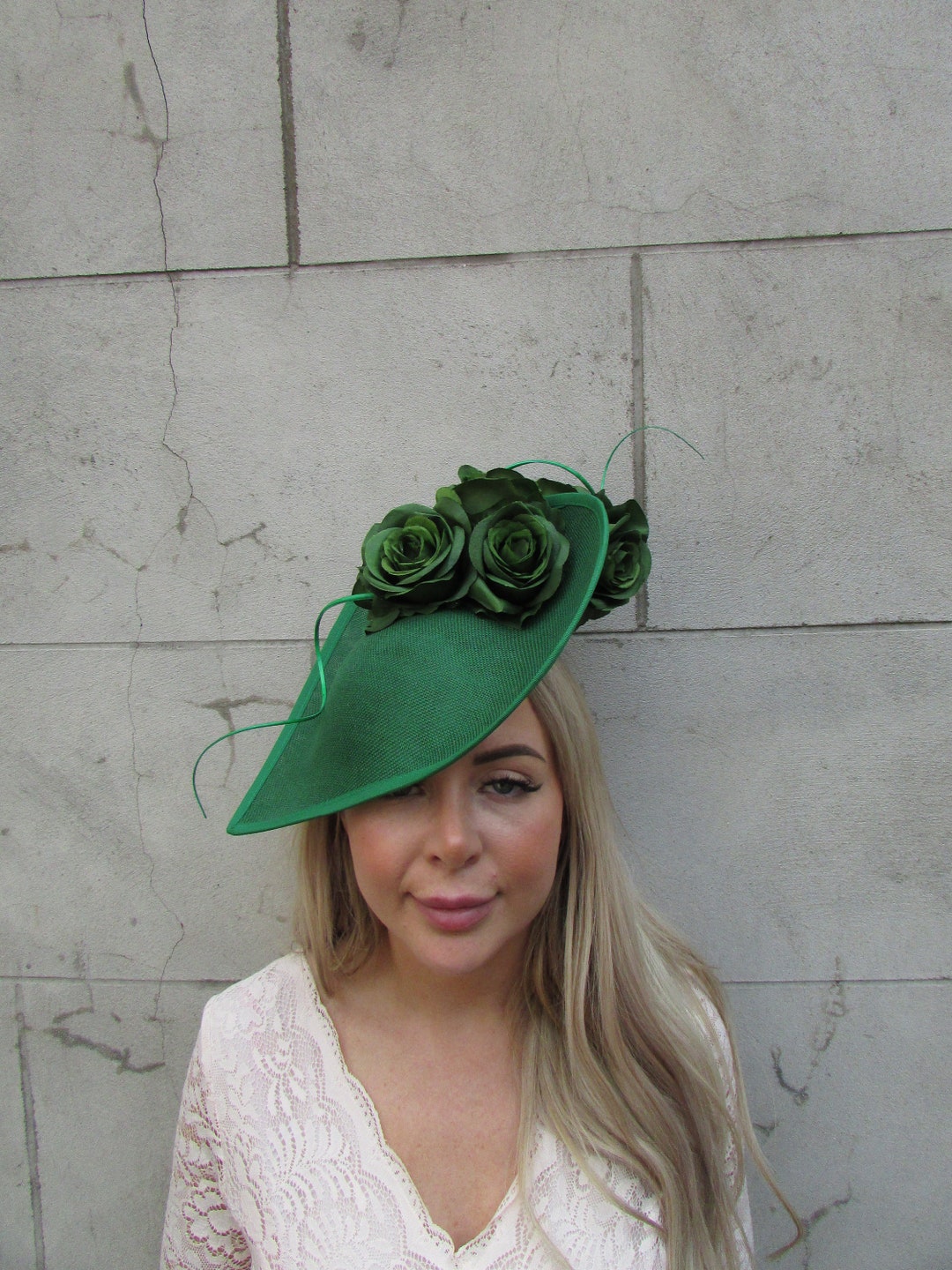 Large Emerald Green Rose Floral Flower Fascinator Hat Big Teardrop ...