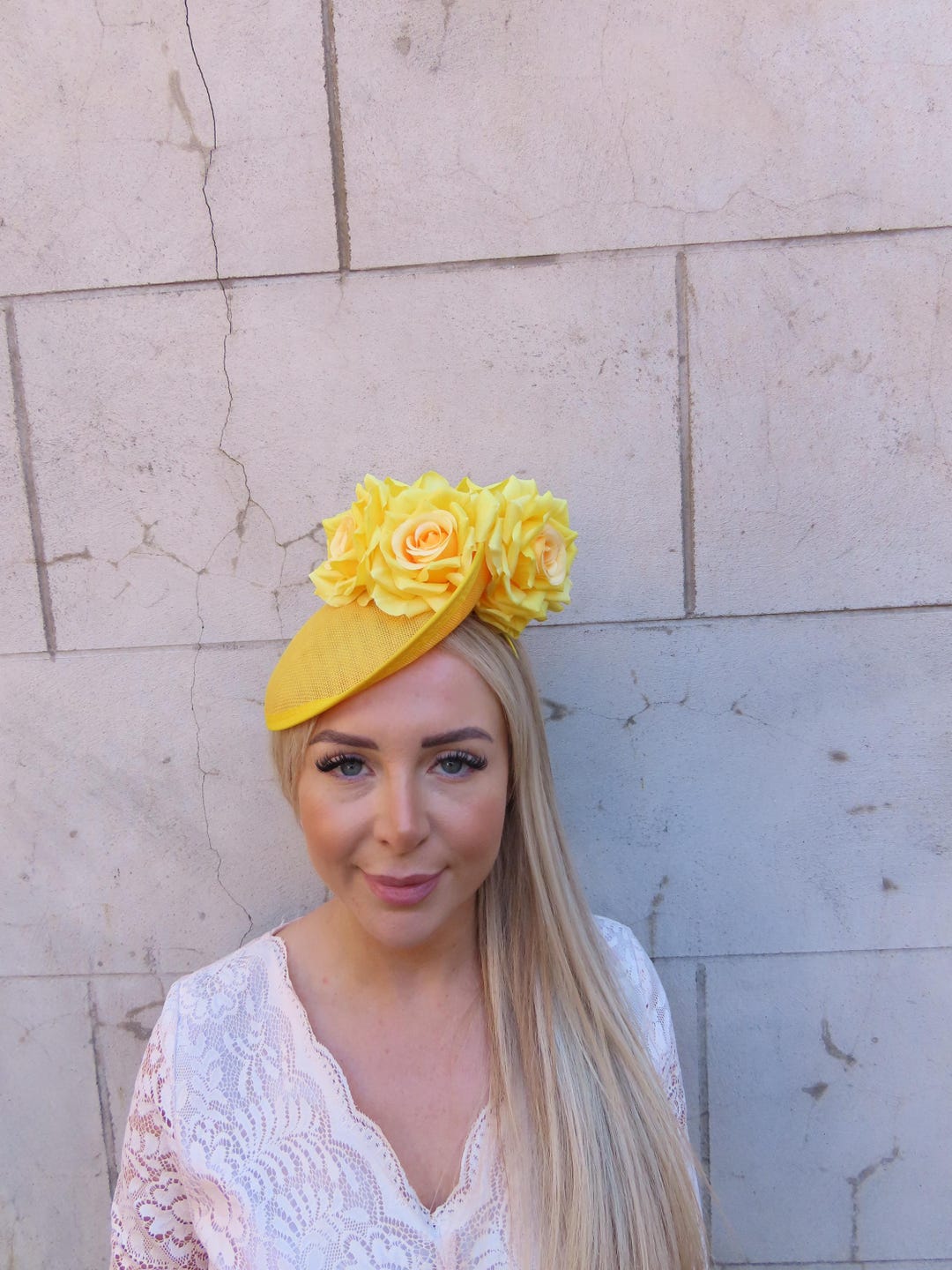 Yellow Tilted Rose Flower Floral Fascinator Hat Disc Hat Races Ladies ...