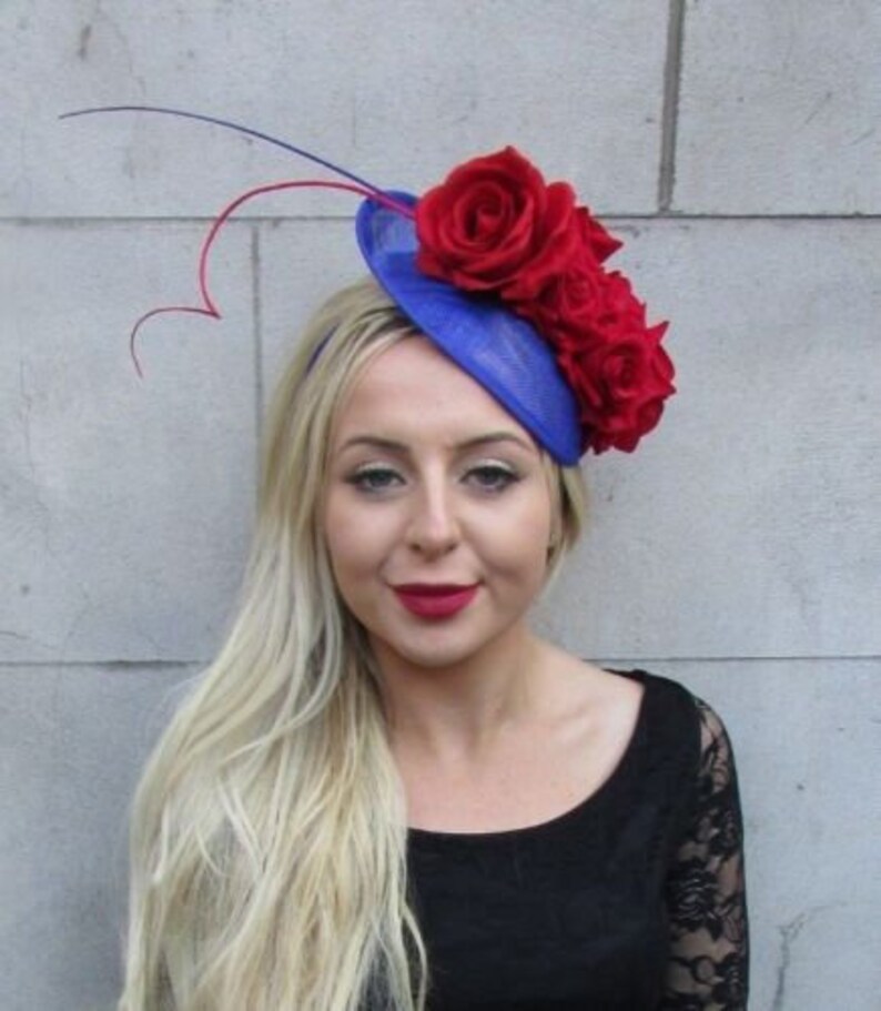 Royal Blue Red Rose Feather Flower Disc Saucer Hat Fascinator - Etsy