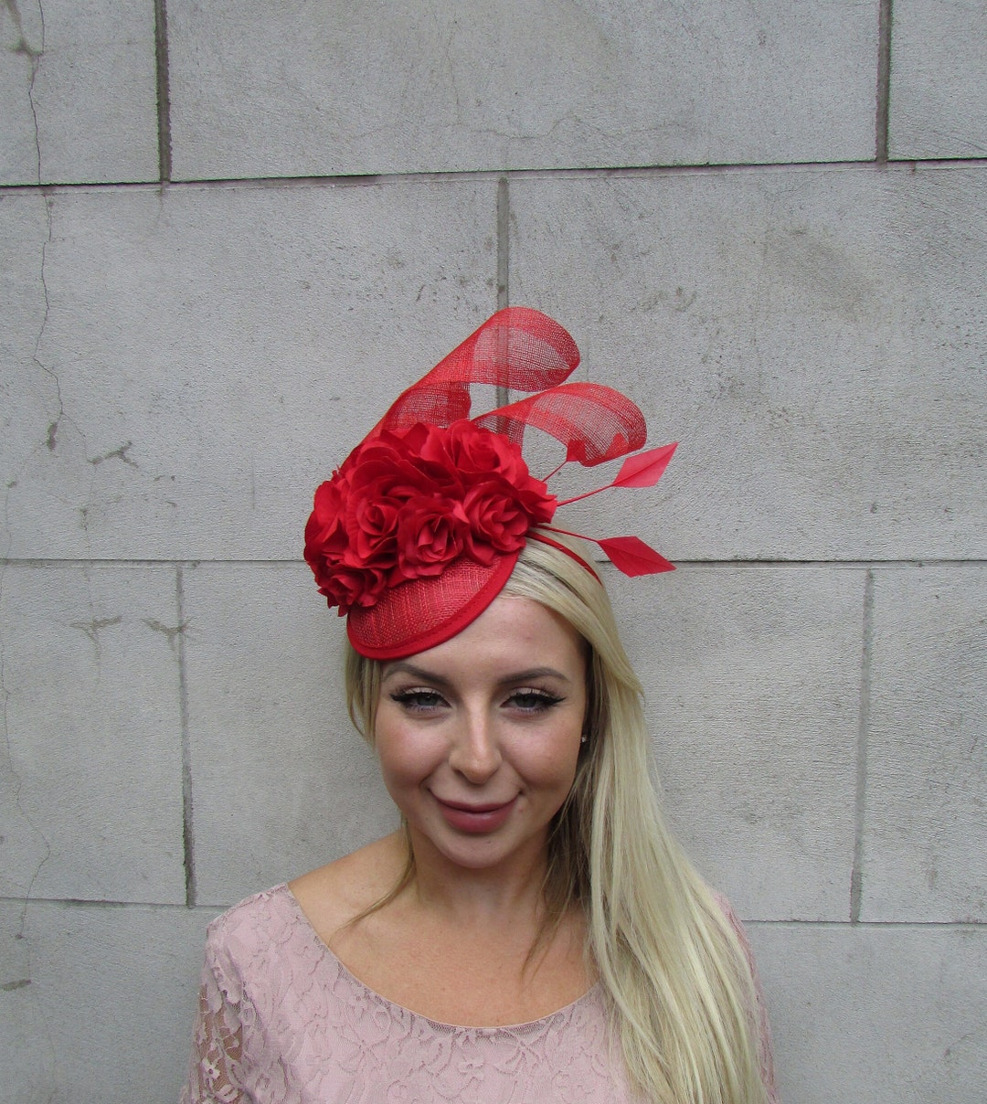 Red Rose Flower Fascinator Floral Pillbox Hat Sinamay Wedding Guest ...