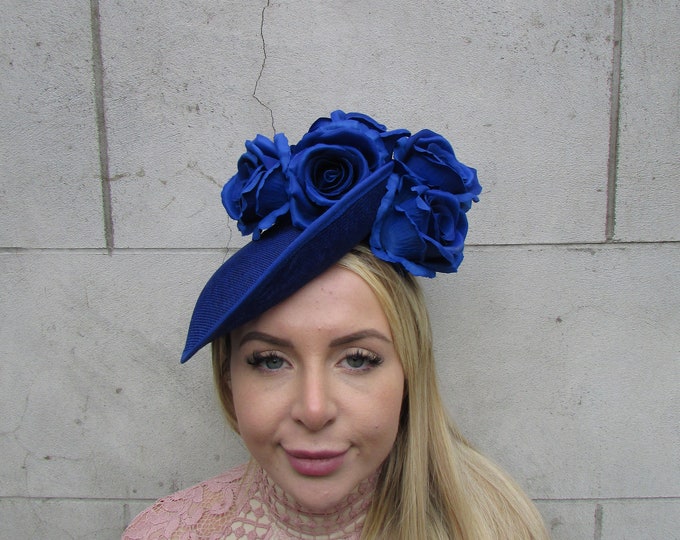 Large Royal Blue Rose Flower Fascinator Hat Disc Saucer Races Headband ...