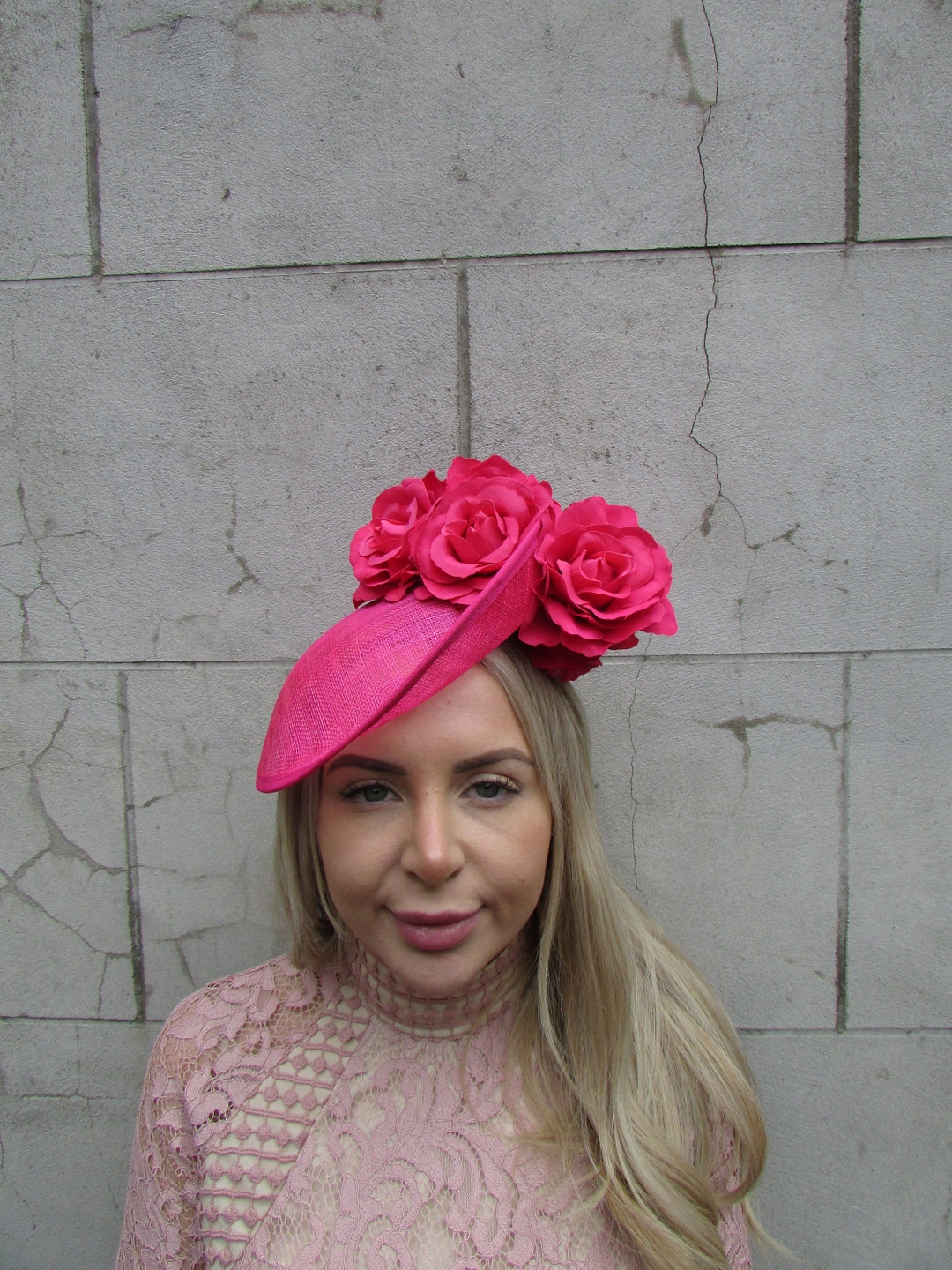 Large Hot Pink Rose Flower Feather Fascinator Hat Disc Saucer Races ...