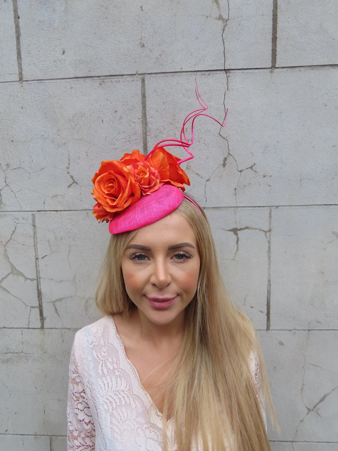 Orange & Hot Pink Flower Pillbox Hat Fascinator Wedding Races Headpiece ...