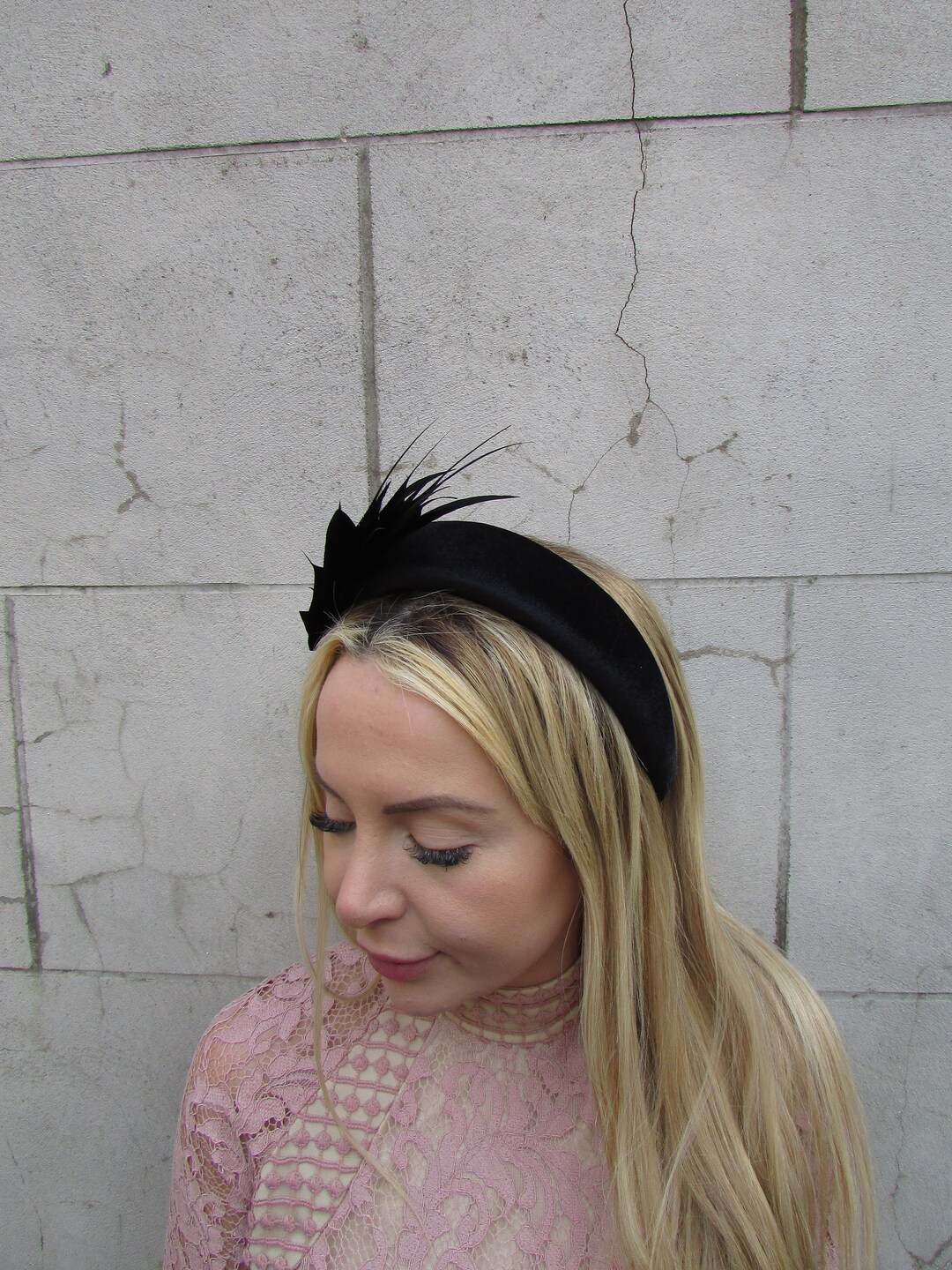 Black Feather Fascinator Headband Velvet Padded Headpiece Wedding Guest ...