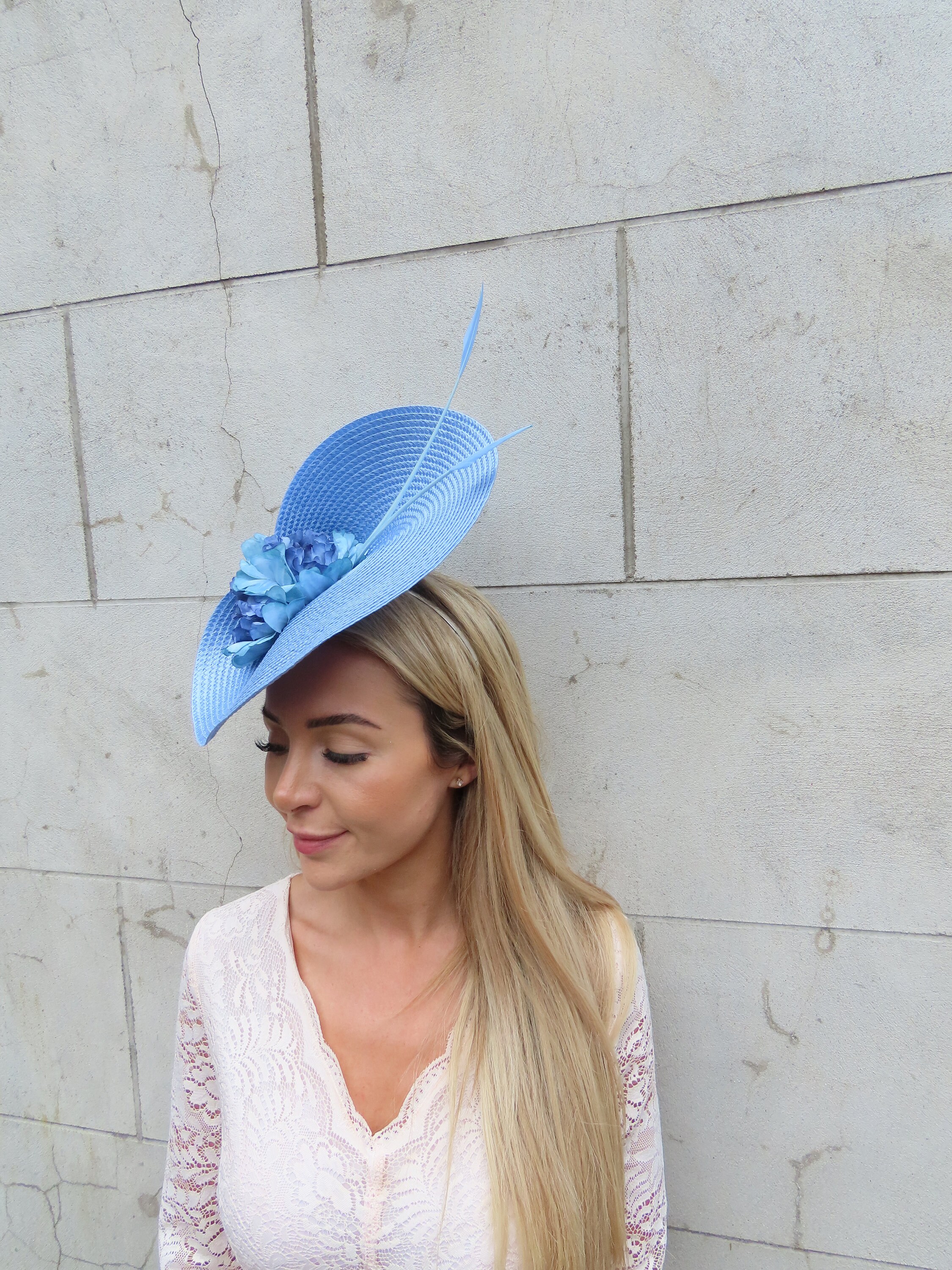 One off Piece Large Light Blue Flower Straw Style Hat Fascinator ...