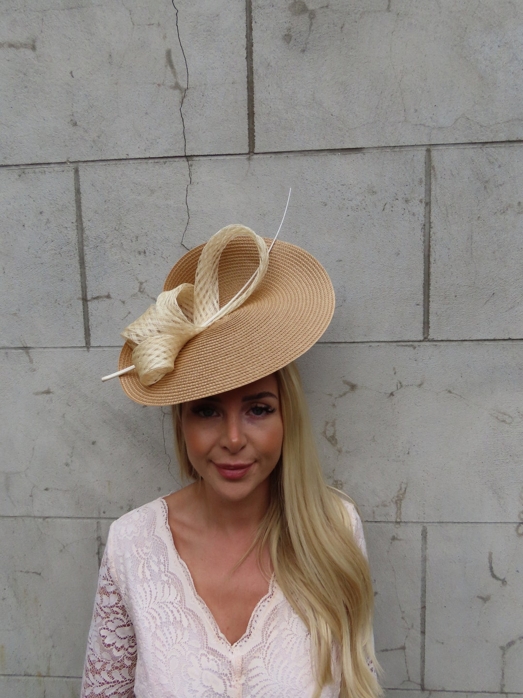 One off Piece Large Beige Cream & Tan Feather Straw Style Hat ...