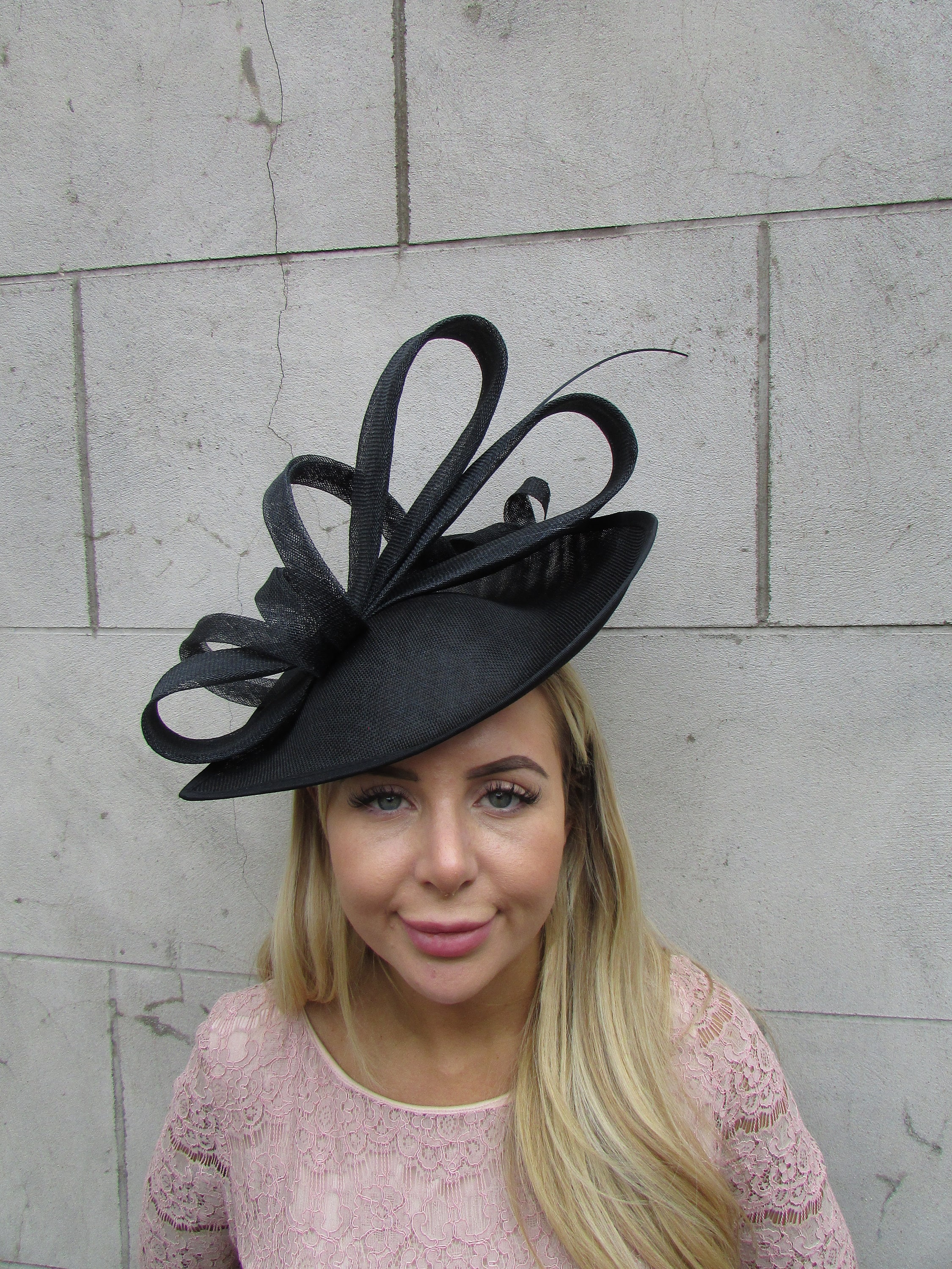 Large Black Feather Fascinator Hat Big Teardrop Hatinator Races Wedding Headband Hair u10910