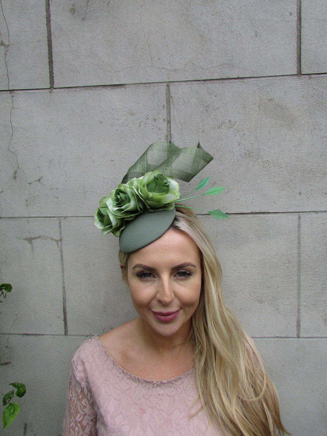 Sage Green Olive Floral Khaki Rose Flower Fascinator Pillbox Hat ...