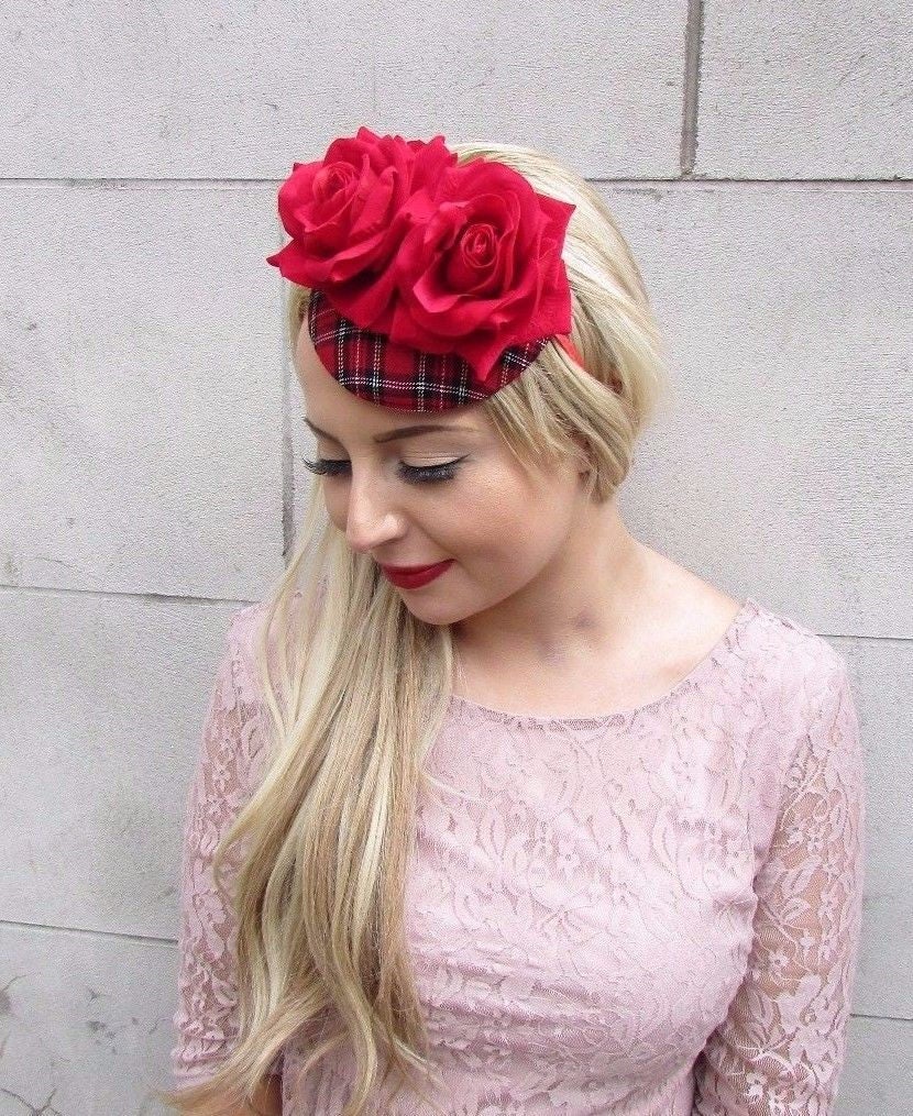 Red Rose Tartan Plaid Flower Fascinator Hat Races Wedding Hair | Etsy UK