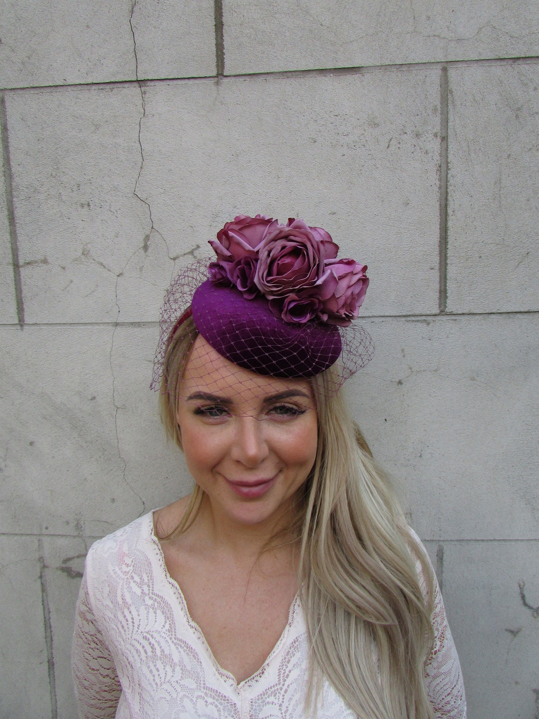 Plum Purple Aubergine Grape Flower Birdcage Veil Pillbox Hat Hair Fascinator Wedding Guest Races ...