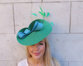 One off Piece Large Bottle Green Feather Straw Style Hat Fascinator ...
