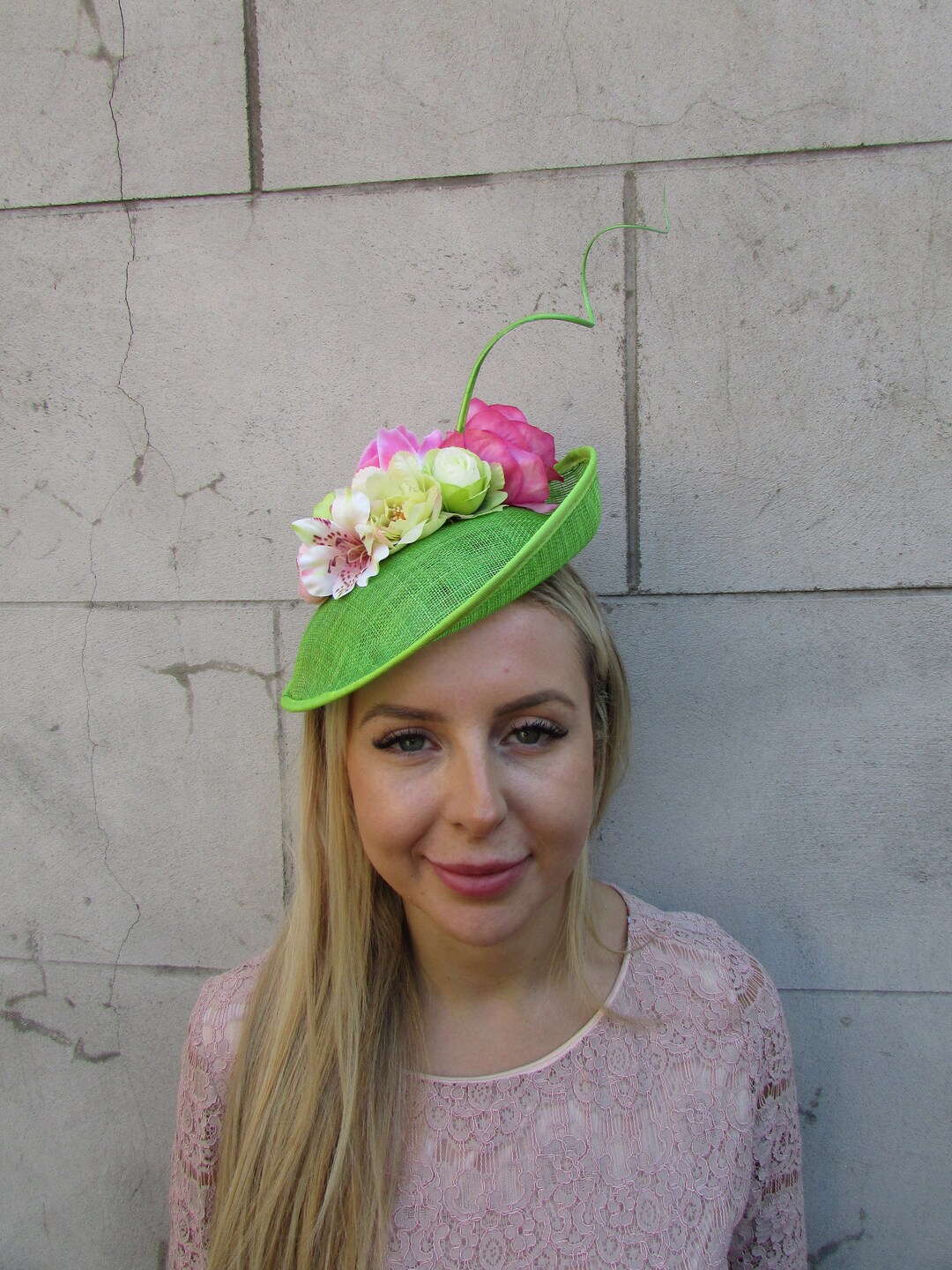 Lime Green Blush Pink Cerise Hot Pink Rose Flower Fascinator Feather ...
