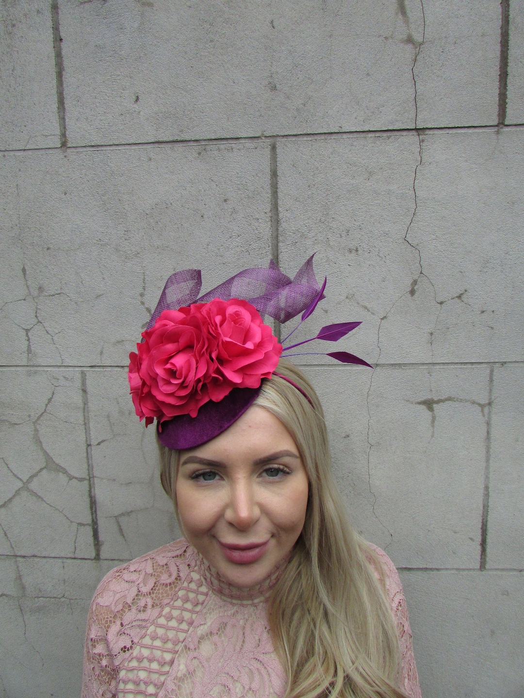Cerise Hot Pink Plum Purple Flower Feather Pillbox Hat Fascinator Grape ...