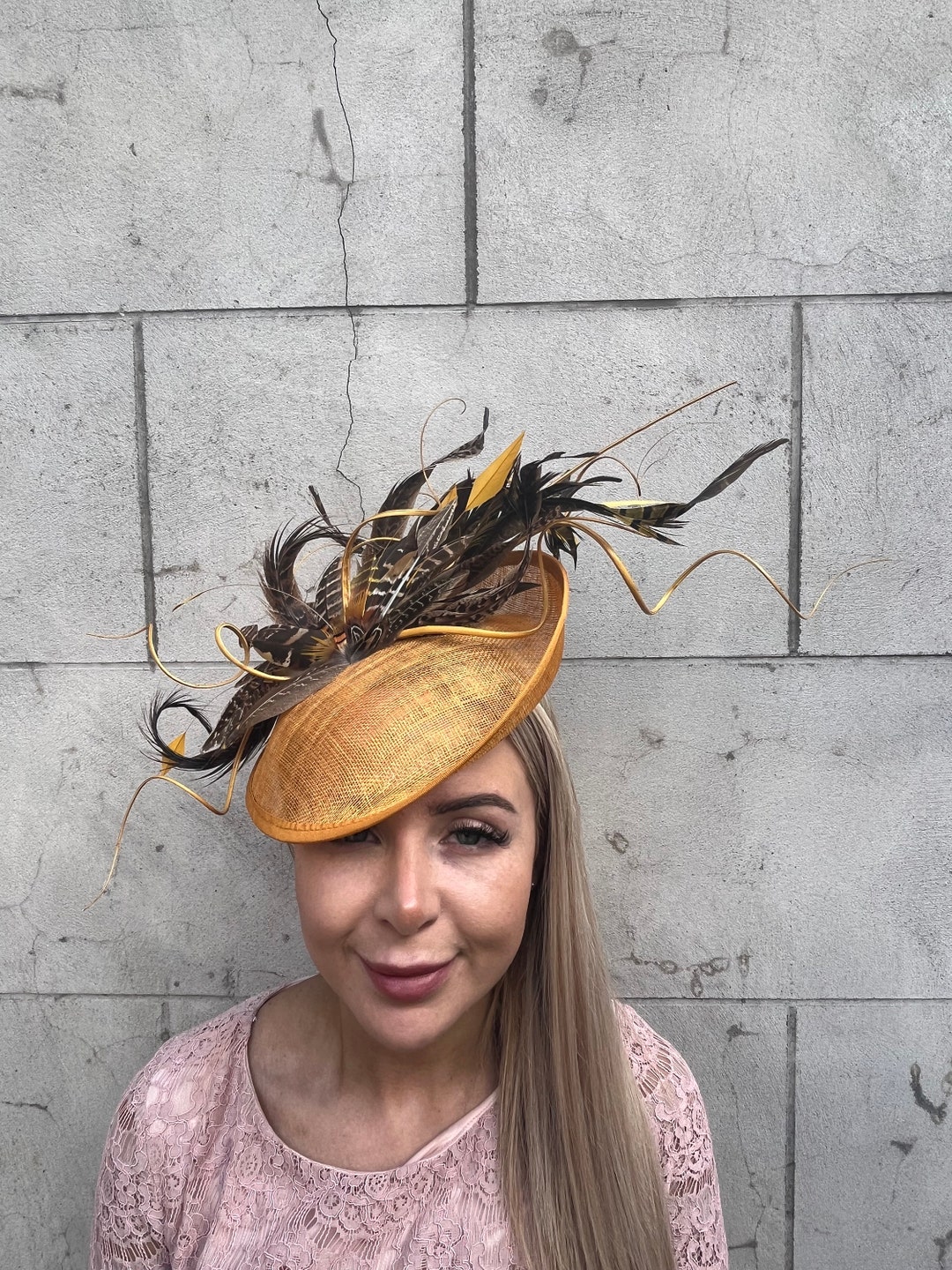 Mustard Yellow Brown Pheasant Feather Fascinator Hat Disc Saucer Races ...