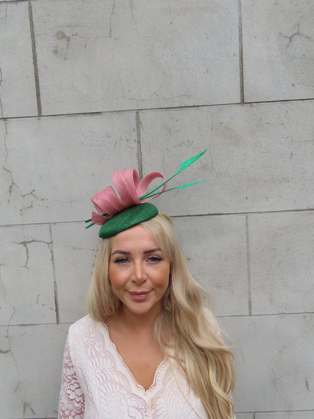 One off Piece - Emerald Green & Dusky Blush Pink Sinamay Feather ...