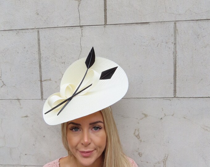 One off Piece Large Black & Ivory Cream Feather Straw Style Hat ...