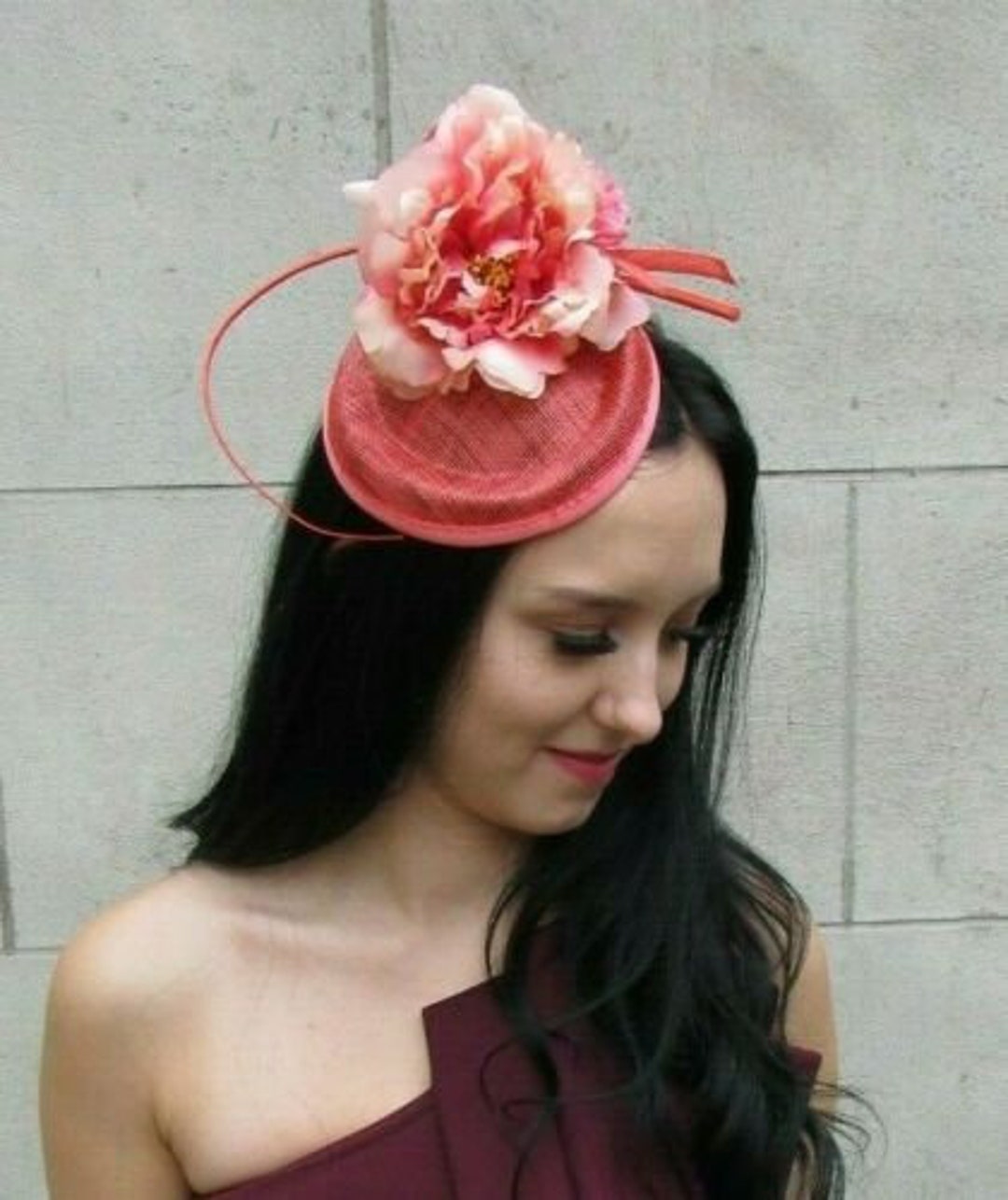 Coral Salmon Flower Hat Fascinator Headband Floral Wedding Races ...