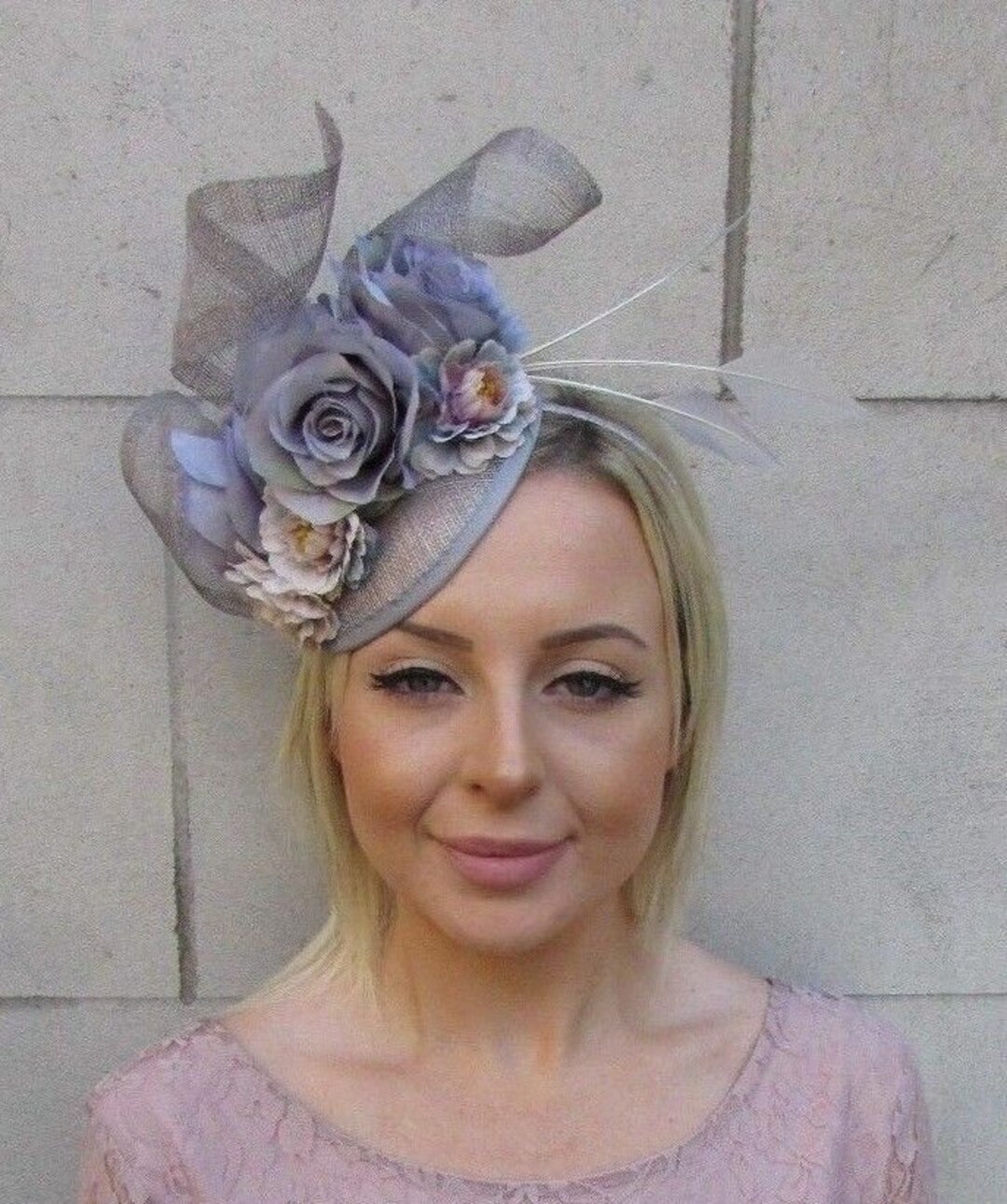 Grey Sinamay Rose Flower Feather Pillbox Hat Fascinator Races Hair ...