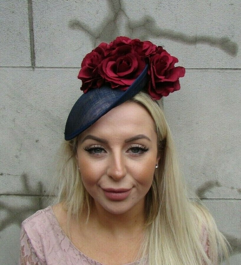 Navy Blue Burgundy Wine Red Rose Flower Fascinator Disc Hat - Etsy
