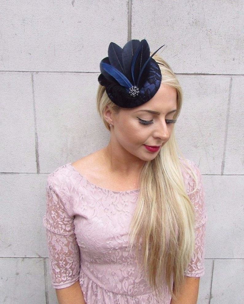 Black Navy Blue Statement Feather Fascinator Races Pillbox Hat | Etsy