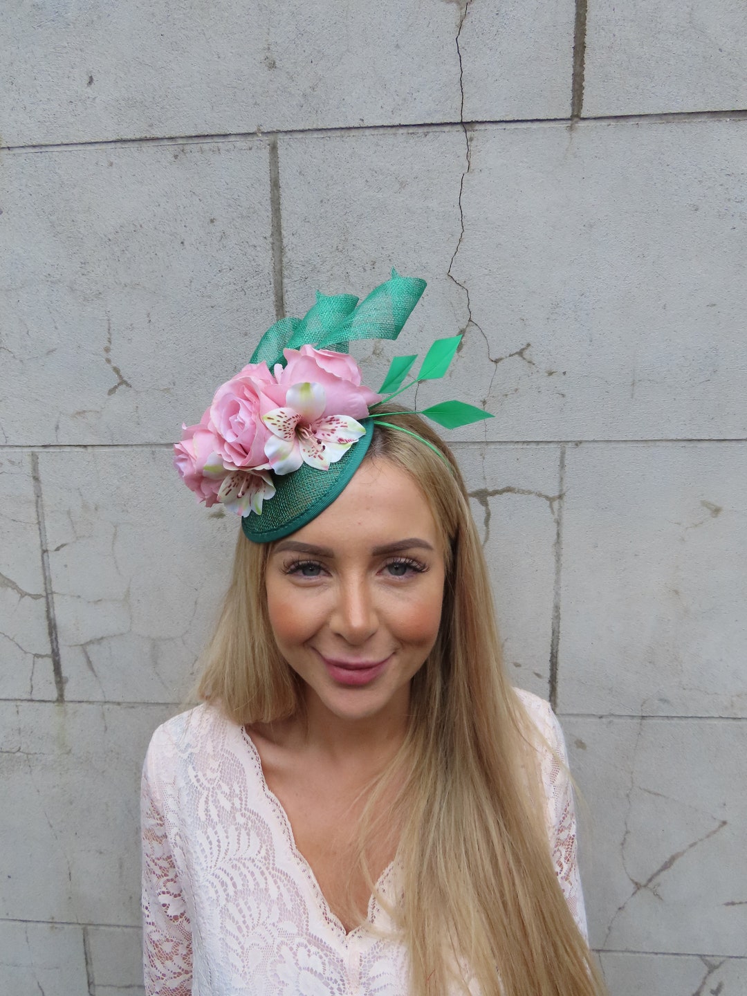 Emerald Green Light Blush Dusky Pink Rose Lily Flower Feather Hat ...