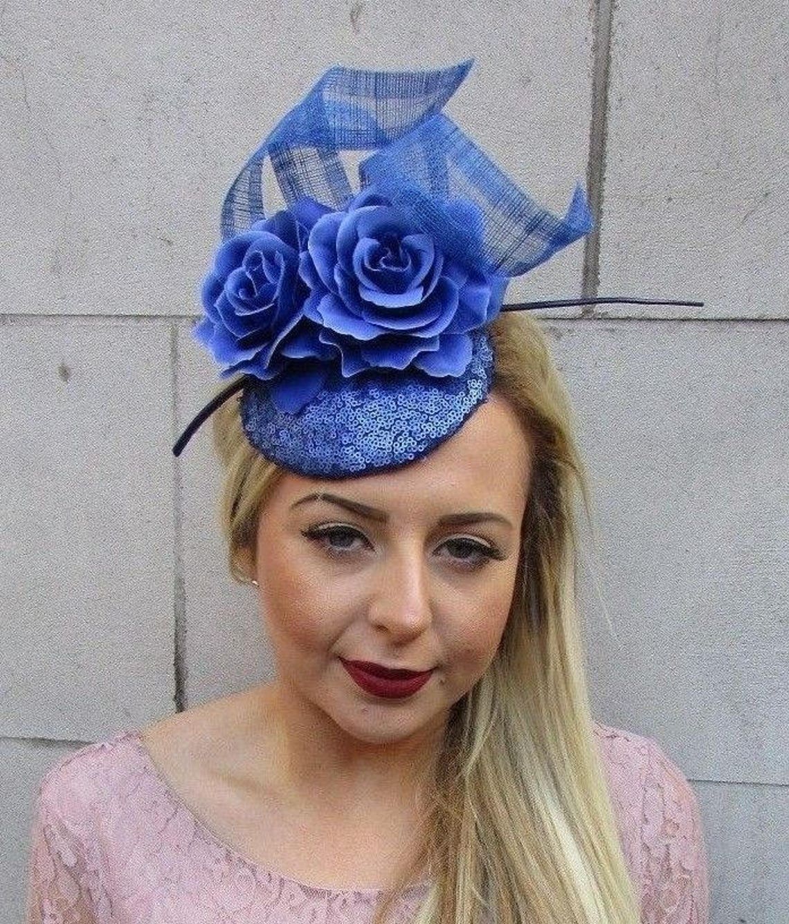 Royal Blue Sequin Rose Feather Flower Fascinator Pillbox Hat - Etsy