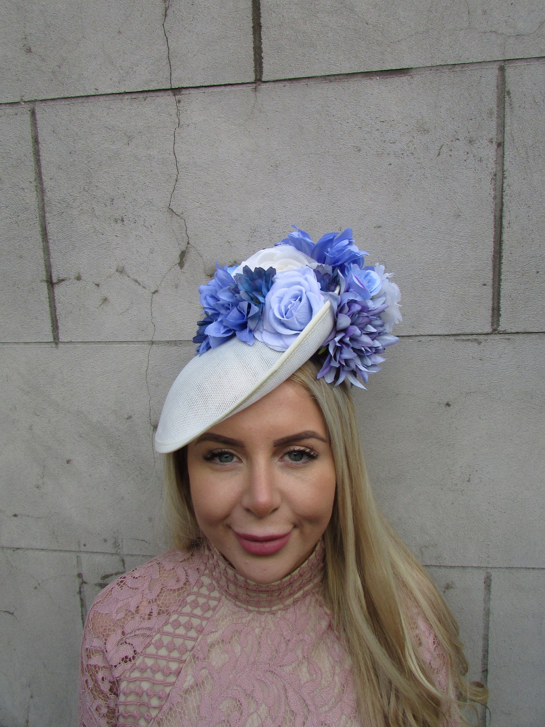 Large Cream & Cornflower Light Blue Rose Flower Fascinator Disc Hat ...