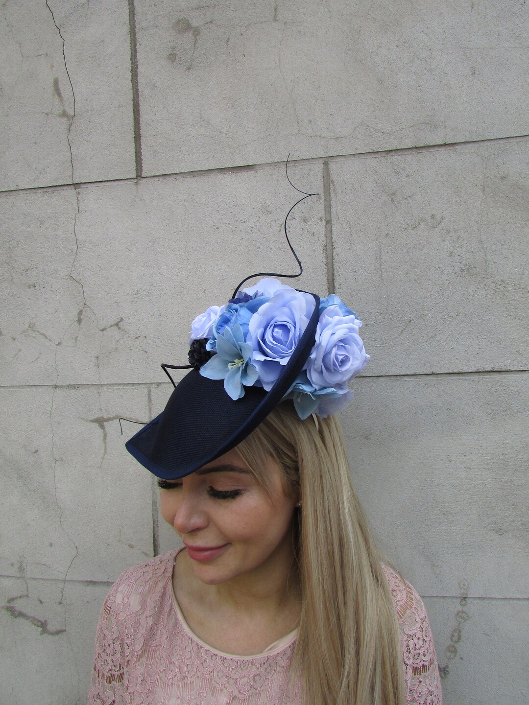 Large Navy Blue Light Blue Cornflower Flower Teardrop Fascinator Hat ...