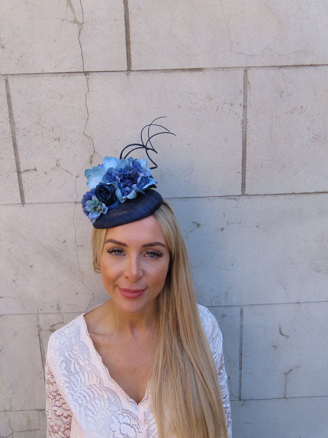 Navy Blue & Dark Blue Cornflower Flower Pillbox Hat Fascinator Sinamay ...
