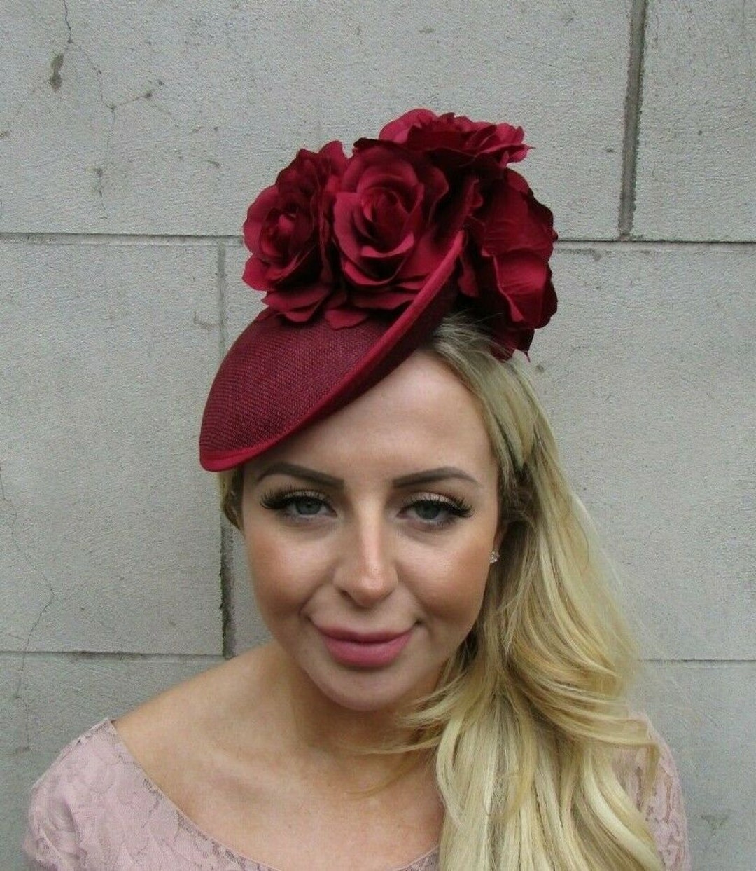 Burgundy Fascinator Hat Tilted Rose Flower Disc Headpiece Saucer Races ...