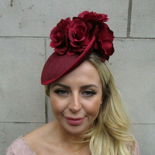 Burgundy Fascinator Hat Tilted Rose Flower Disc Headpiece - Etsy