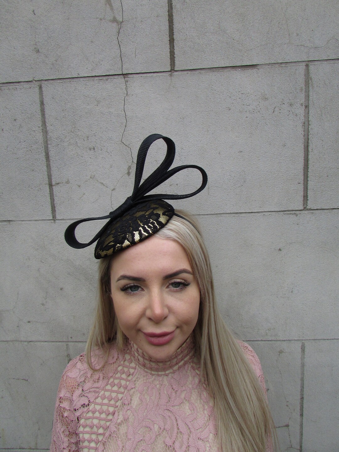 Black & Gold Bow Lace Fascinator Hat Headband Wedding Guest Races Hair ...