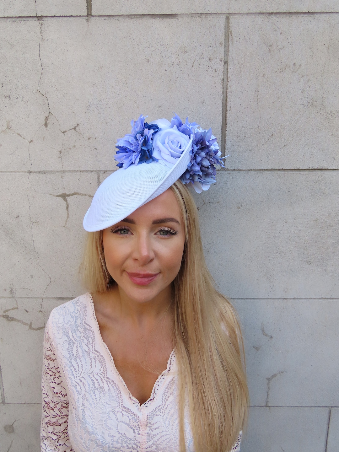Large White & Cornflower Periwinkle Light Blue Rose Flower Fascinator ...