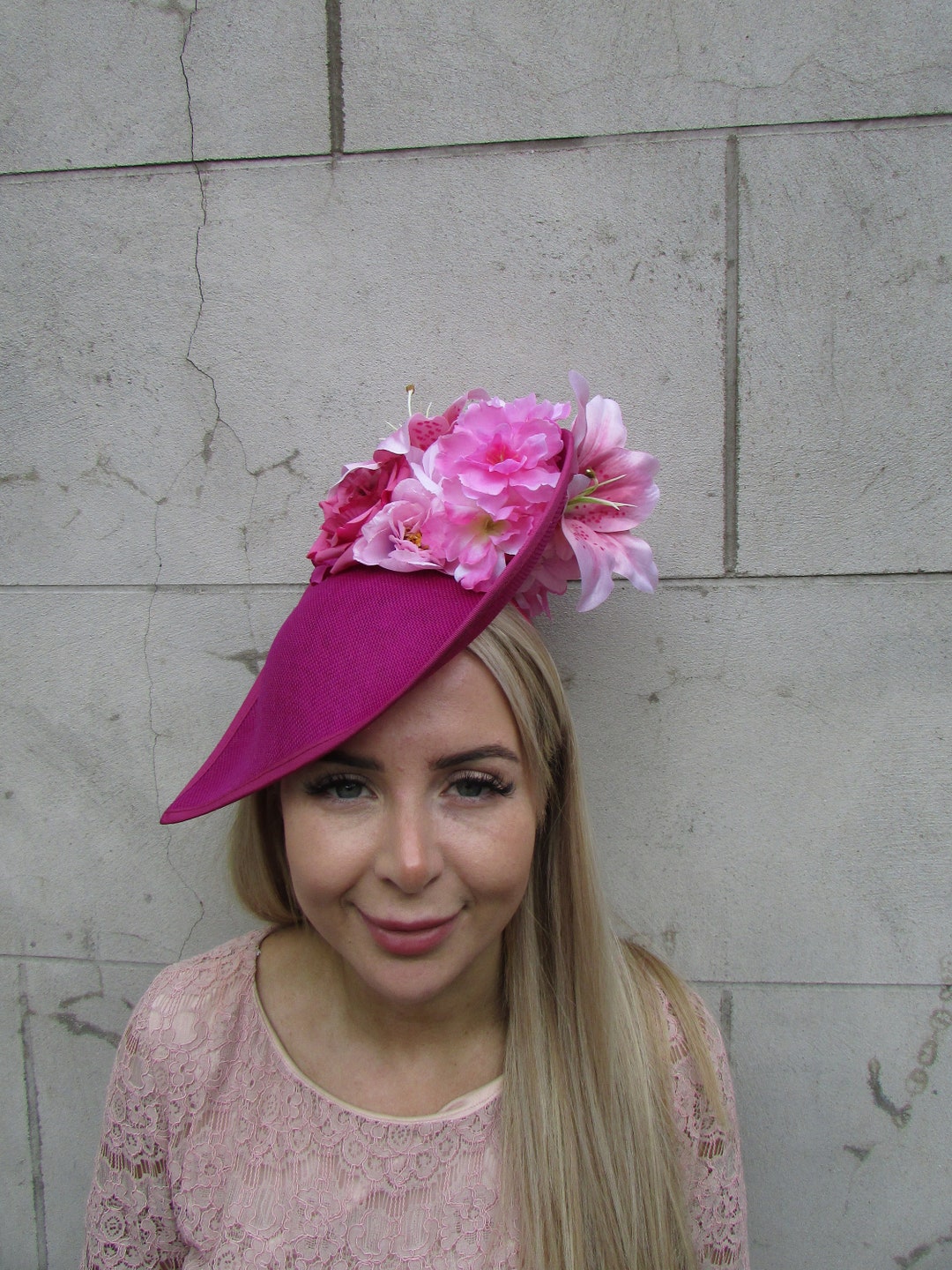 Large Dramatic Magenta Pink Blush Light Pink Flower Teardrop Fascinator ...